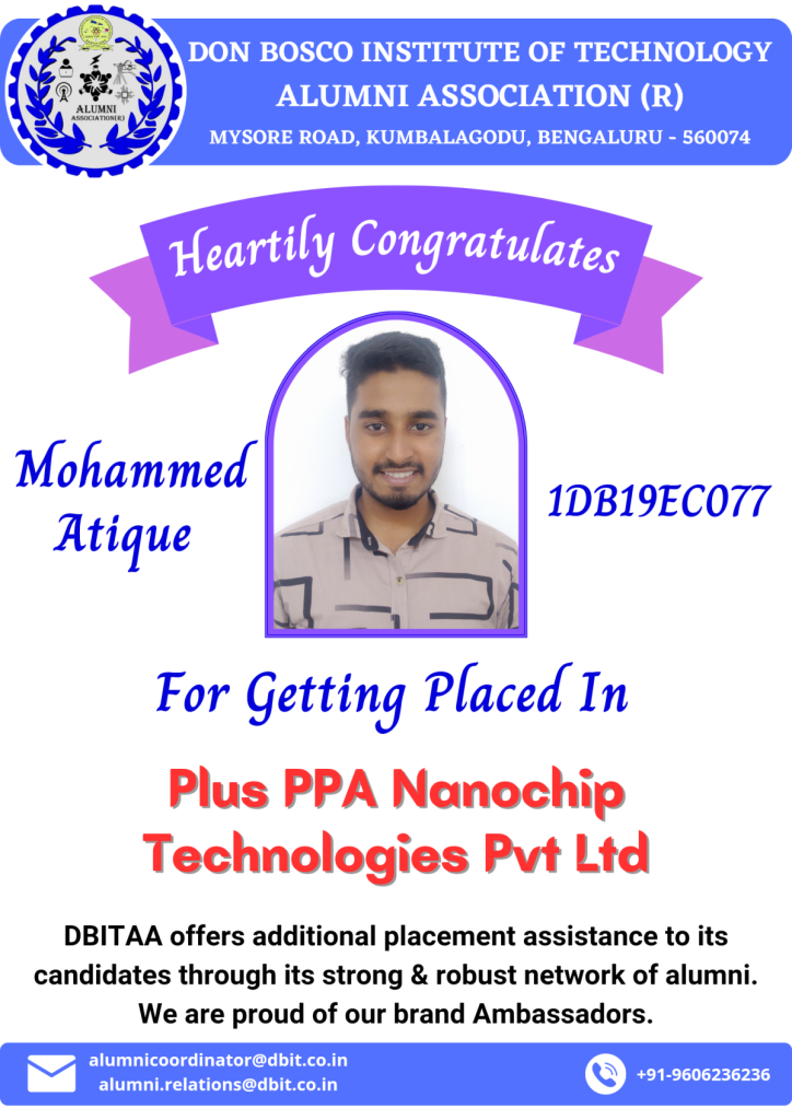 Mohammed Atique Ece 2023 Batch Placed In Plus Ppa Nanochip Technologies Don Bosco 