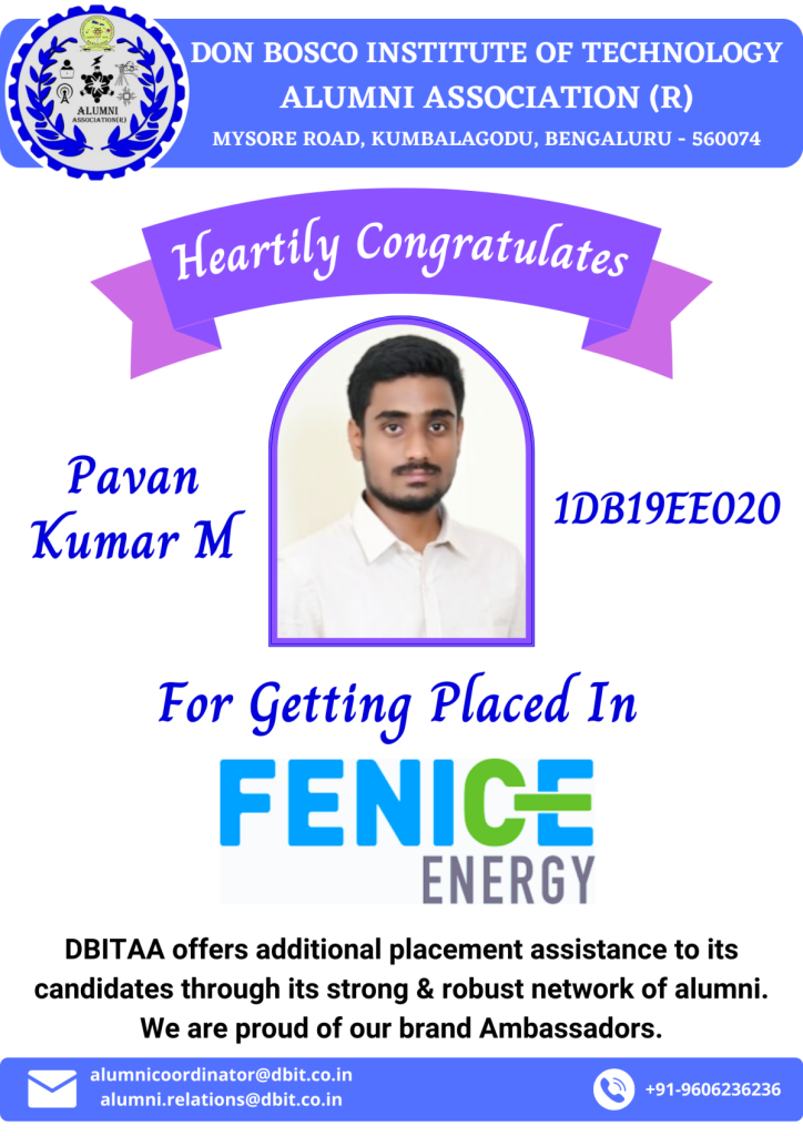 Pavan Kumar M (EEE, 2023 Batch) - Placed in FENICE ENERGY - Don Bosco ...