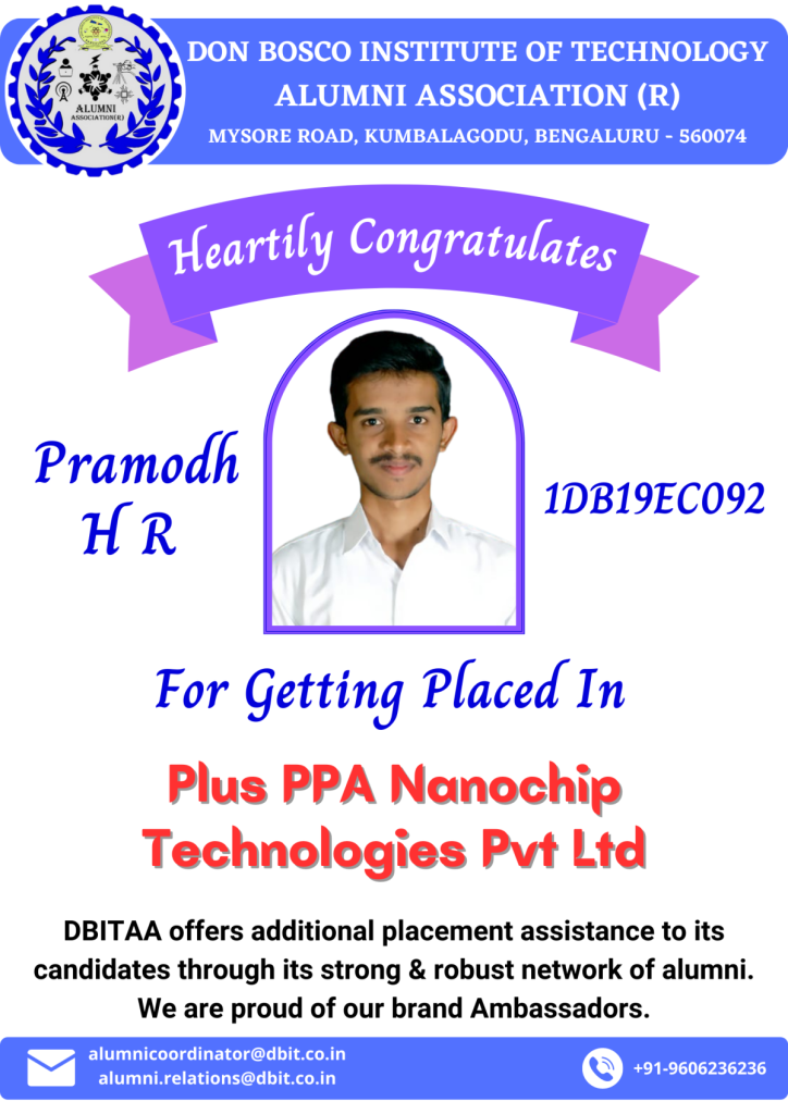 Pramodh H R (ECE, 2023 Batch) - Placed in Plus PPA Nanochip Technologies - Don Bosco Institute ...
