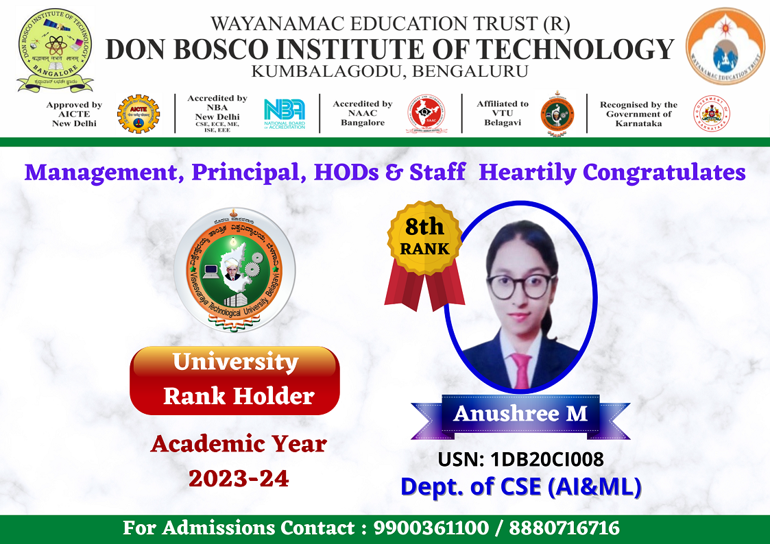 Congratulations to VTU Rank Holder - Anushree M (AI& 2024 Batch) - Don ...